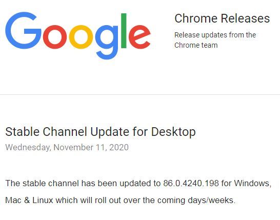 谷歌发布Chrome 86.0.4240.198 修复两个零日漏洞_腾讯新闻