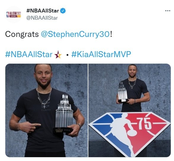 NBA全明星官推晒库里手捧AMVP奖杯定妆照：恭喜库里！_腾讯新闻