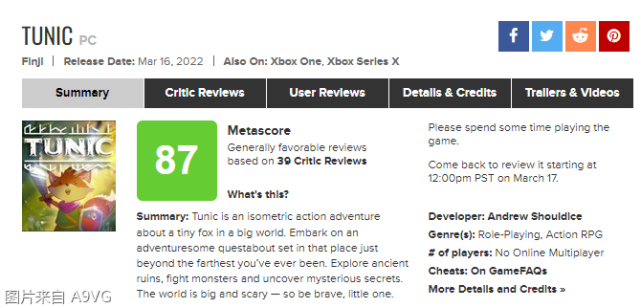 小狐狸冒险游戏《Tunic》评分解禁 IGN 9 GS 9 MC均分87_腾讯新闻