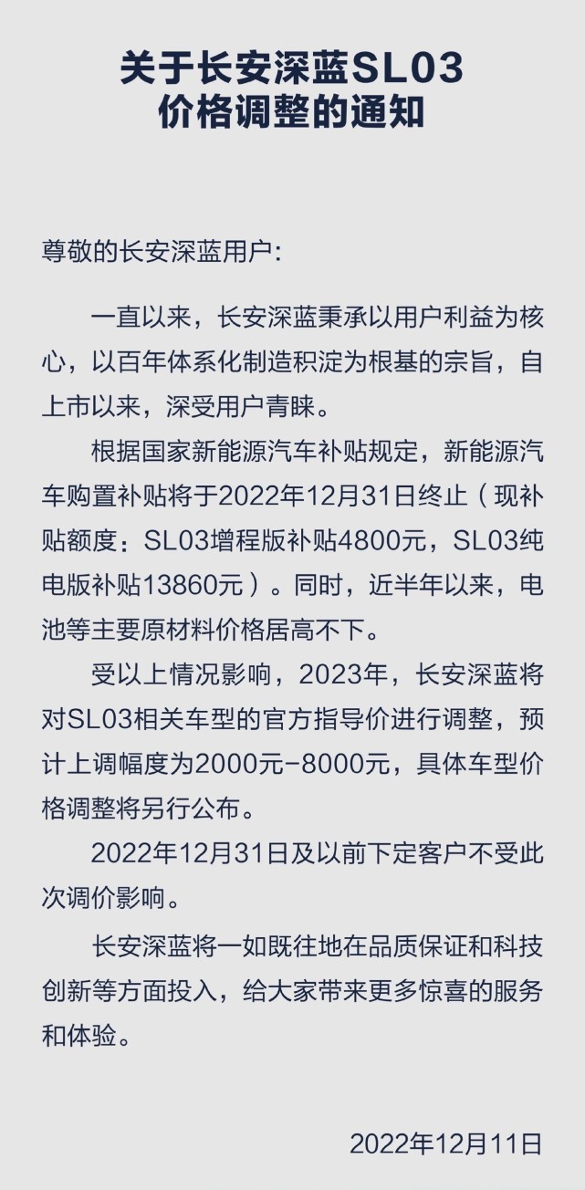 长安深蓝SL03官宣涨价，预计上调幅度为2000元-8000元_腾讯新闻