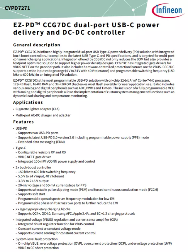 英飞凌推出单芯片双口输出快充芯片CCG7D_腾讯新闻