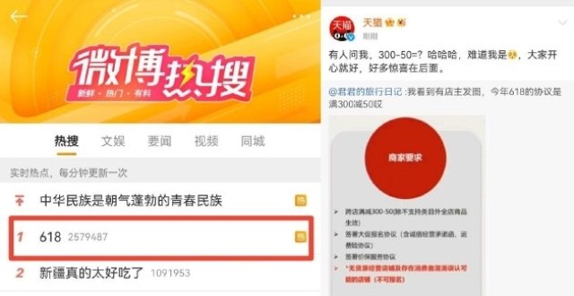 618满300减50登上微博热搜，天猫官方自嘲“250”_腾讯新闻