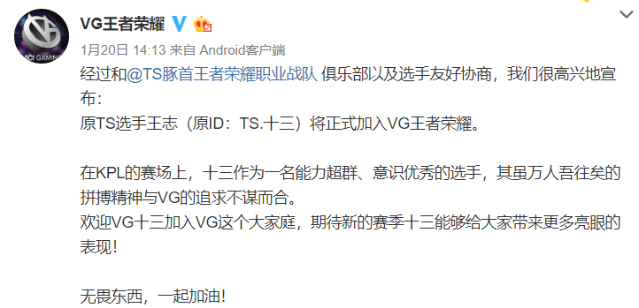 TS十三，1027加入VG，集齐墩皇，co神和十三，誓要当KPL梗王