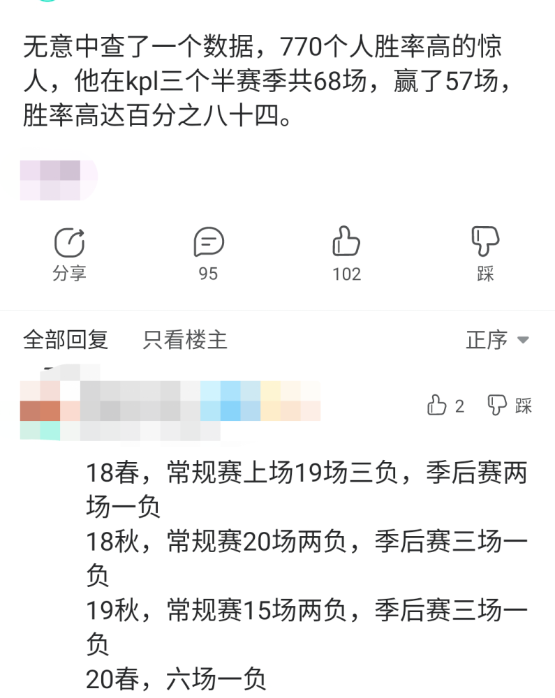 QG770的个人数据很“豪华”，KPL胜率高达84％，只输了11场比赛