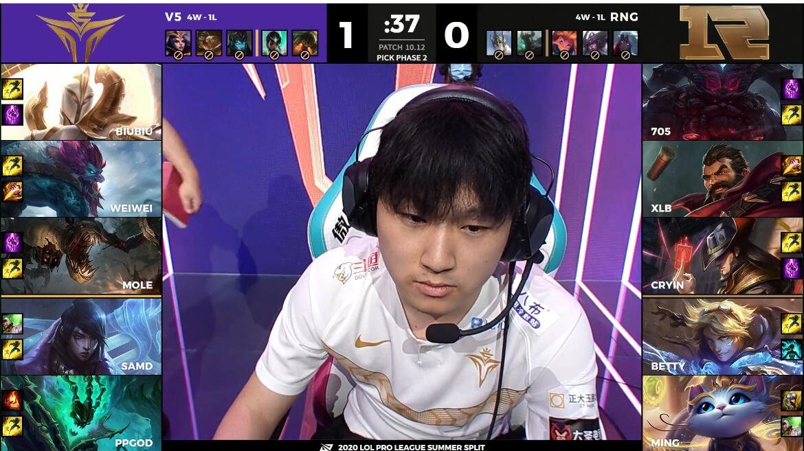 LPL比赛：V5十分钟一塔后2-0轻取RNG，uzi被气下播