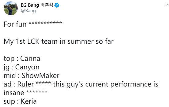 Bang评选LCK最佳阵容，这一次他也放弃了Faker，上单争议最大