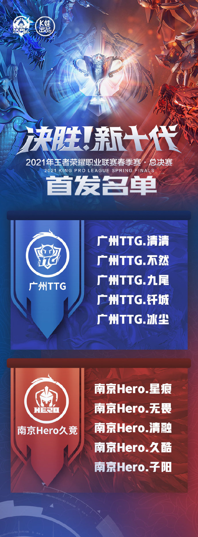总决赛首发名单送达，Hero、TTG谁能夺得春季赛总冠军