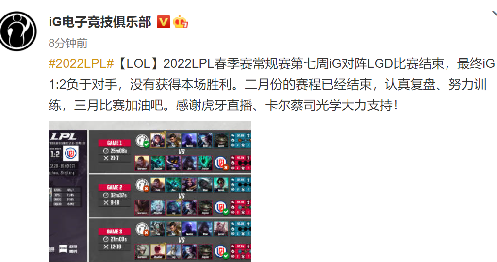 遭LGD逆袭！IG官博的回应够简洁，两支LOL世界冠军战队陨落