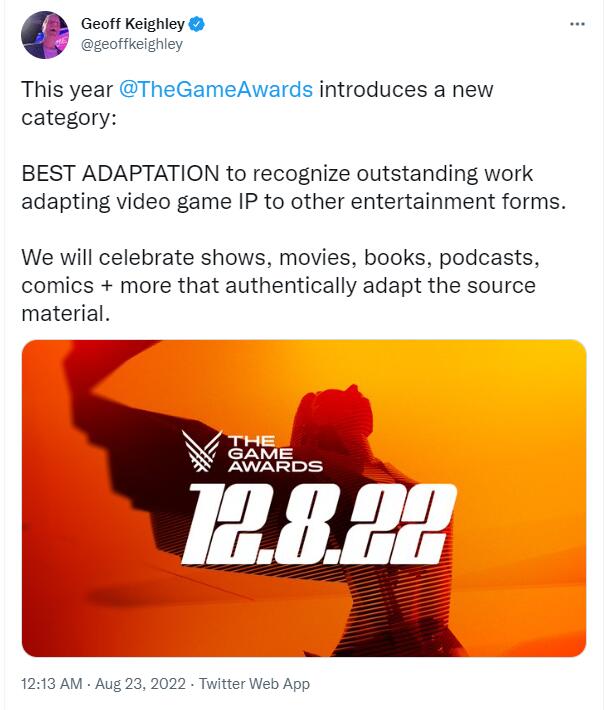 TGA 2022将于12月8日举办 新增最佳改编奖