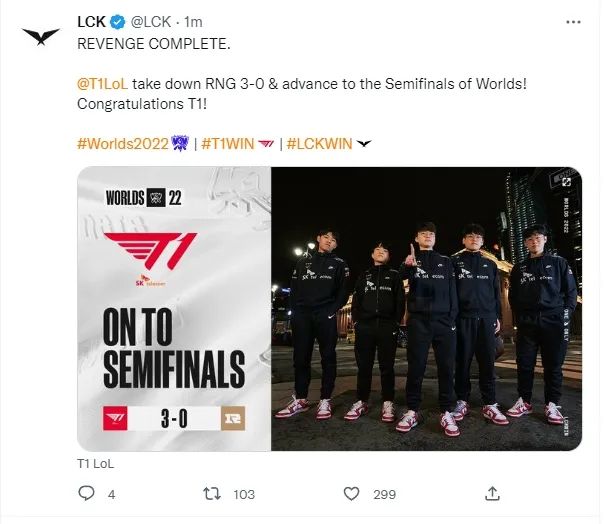 T1 3-0拿下RNG，晋级半决赛；FNC教练：决赛要是T1打EDG，A组是世界赛最难的小组！