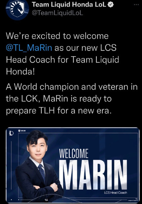 泪目！Faker“情敌”Marin复出，成世界顶流战队TL教练