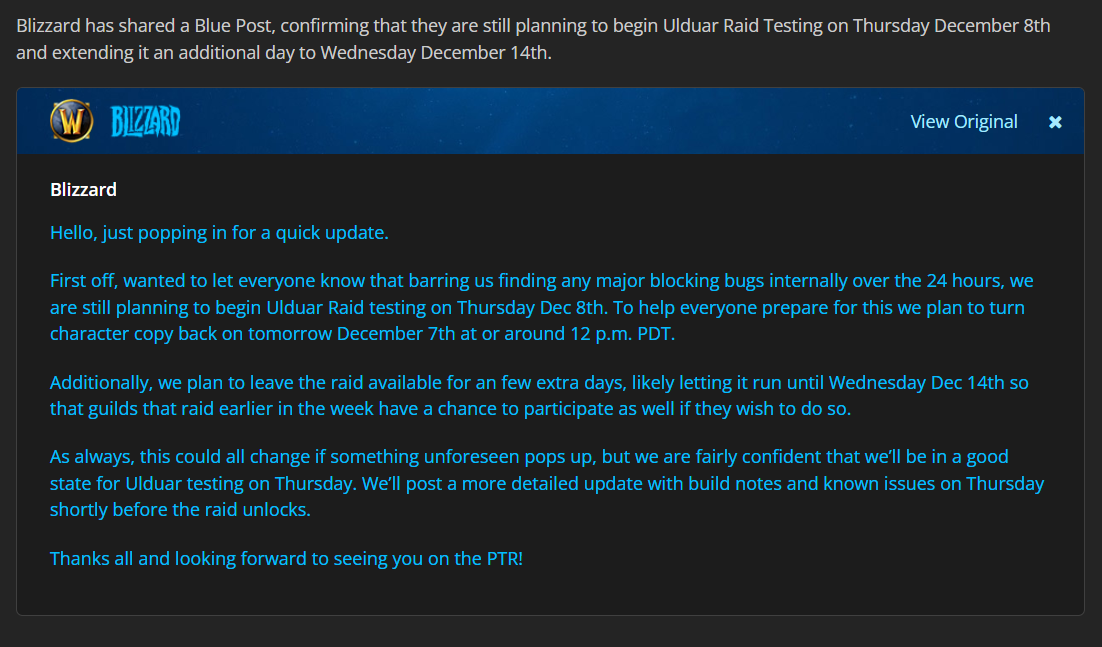 魔兽WLK：奥杜尔明日开测，可以免费体验，国服有望开荒几周