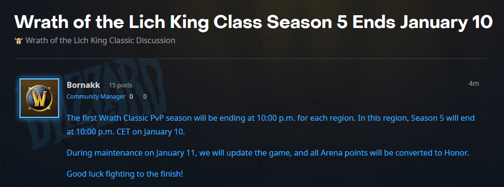 魔兽世界WLK怀旧S5赛季将止，复仇战成竞技场赢家