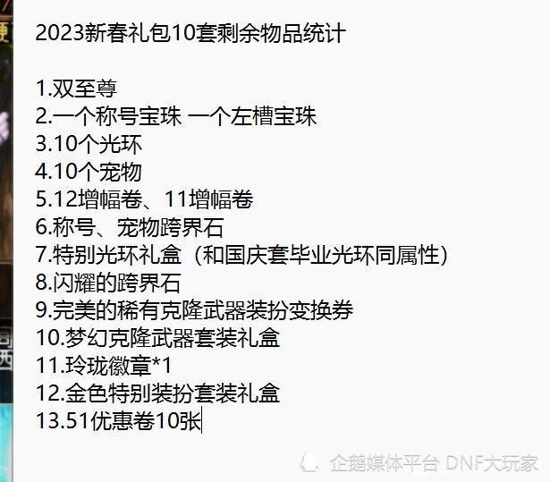 DNF：春节版本开服物价统计！13个可交易道具，1800拉满10轮