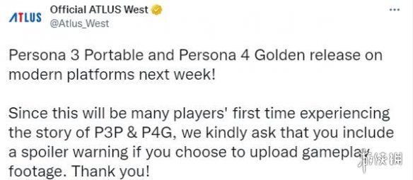 Atlus公布《女神异闻录3P/4G》流媒体指南：需剧透警告