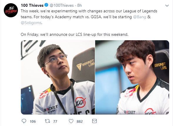 《英雄联盟》：Bang被下放至100T二队参加北美次级联赛