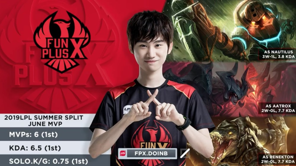 LPL英文流发布6月份最佳选手阵容及MVP，FPX成最大赢家