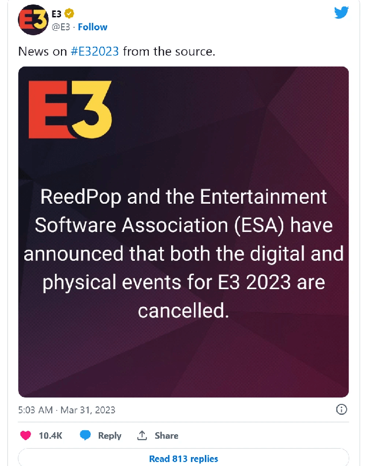 2023年E3游戏展官宣取消，或因各大游戏厂商纷纷缺席
