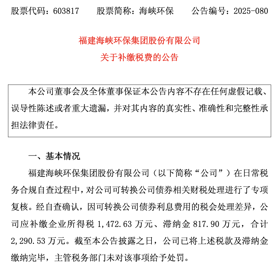 可转债利息税会差异，海峡环保补税超2290万元！同步影响当年净利润_腾讯新闻