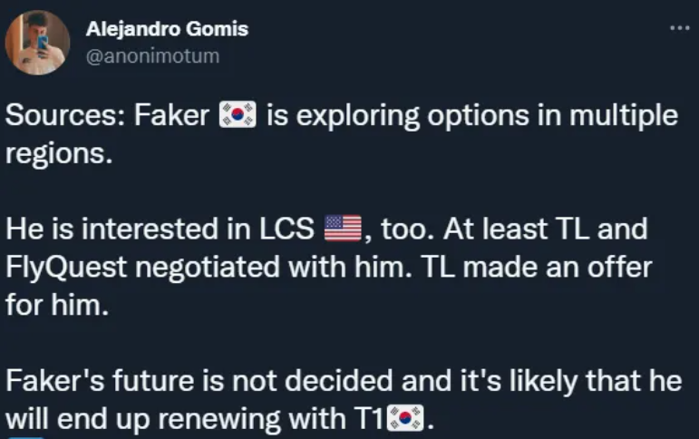 外媒：Faker正在探索其他赛区！对LCS有兴趣，FLY和TL已报价