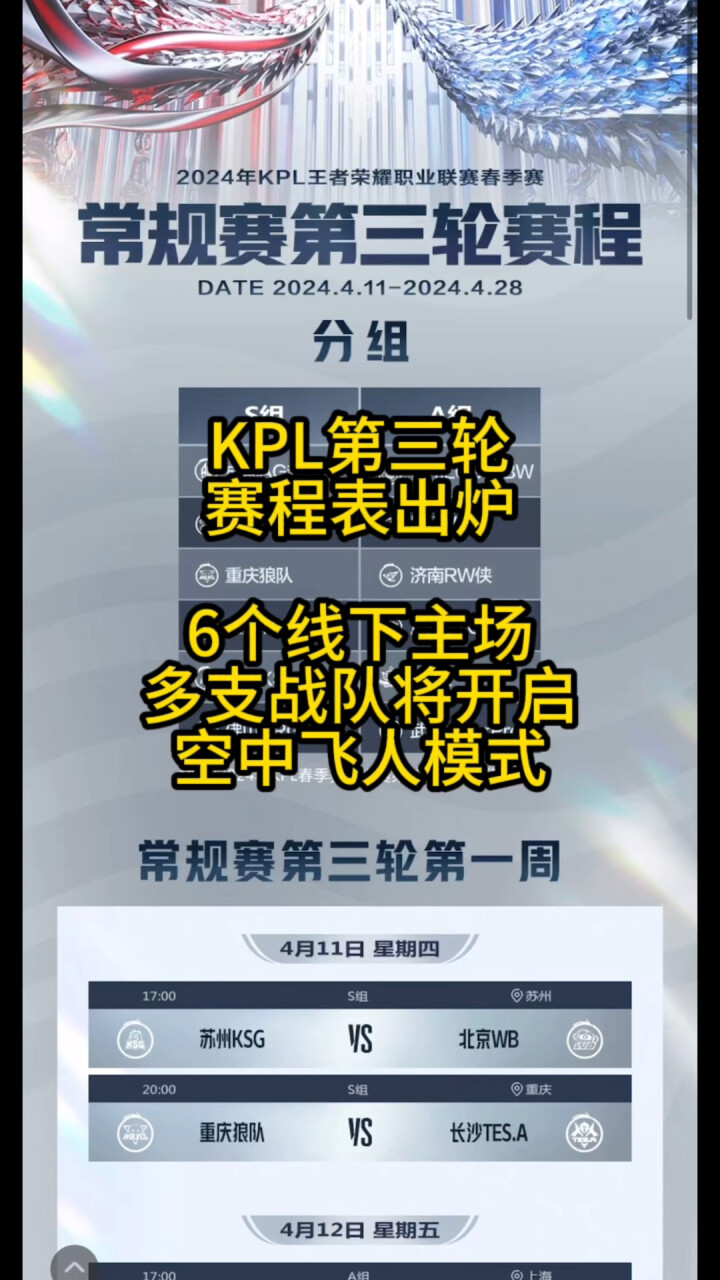 KPL第三轮赛程出炉，这一轮只有S组跟A组，有AG、DRG等6个线下主场_腾讯新闻