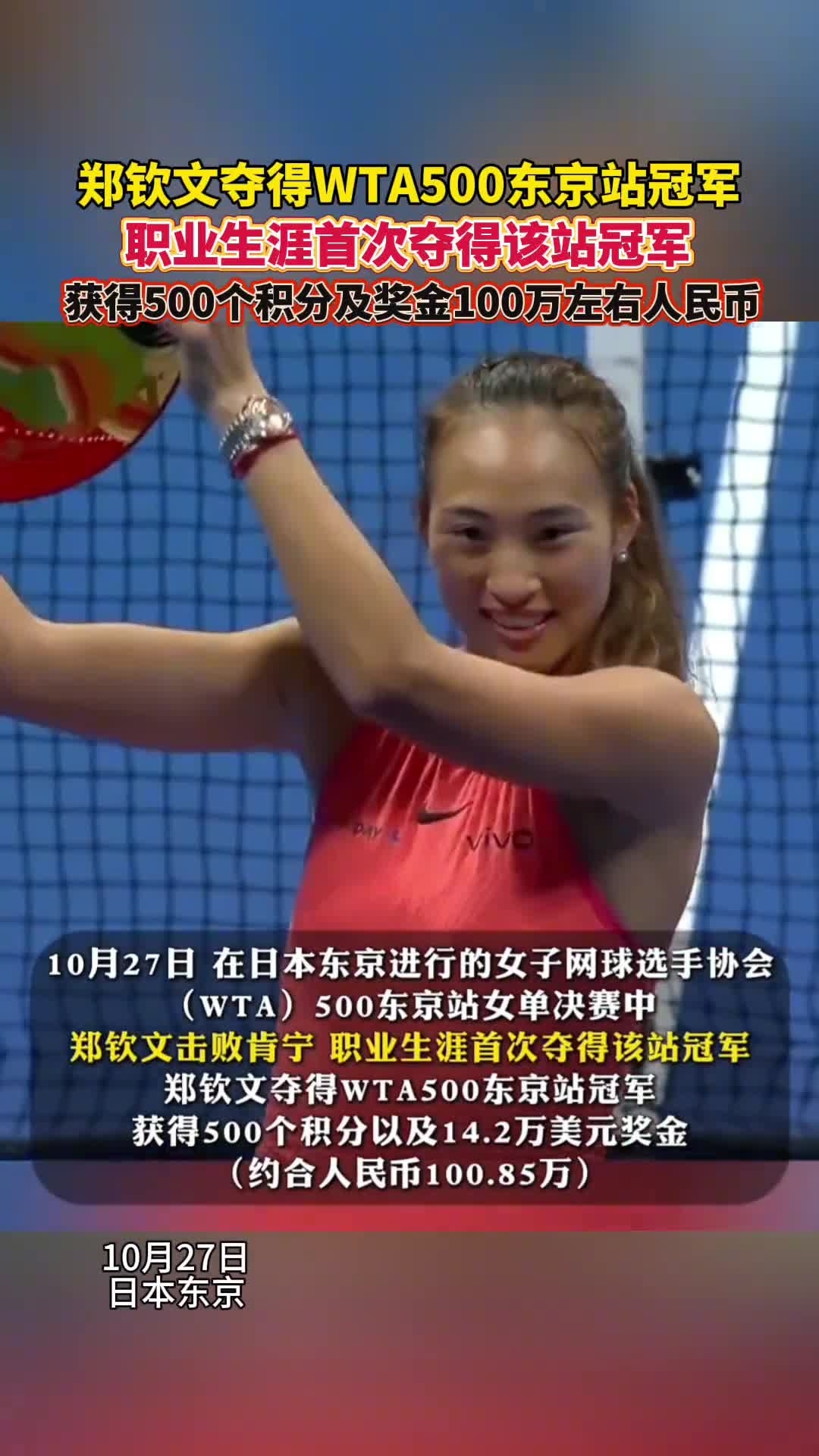 郑钦文2-0战胜肯宁获得WTA500东京站冠军，获得500个积分及14.2万元美金！赛后拍照环节，郑钦文拿着奖盘环绕360度拍，并亲吻奖盘。_腾讯新闻