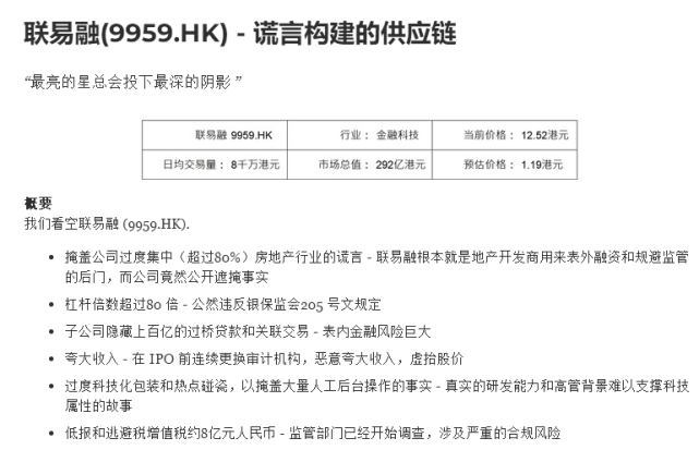 联易融科技（09959），被做空机构狙击_腾讯新闻