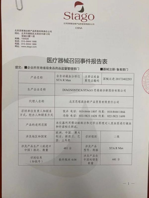 思塔高诊断主动召回“全自动凝血分析仪STA R Max”_腾讯新闻