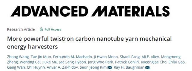 Ray H.Baughman院士《AM》：强化twistron碳纳米管纱线的机械能收集！_腾讯新闻