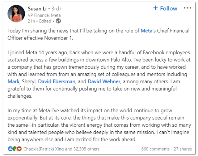 斯坦福华裔女学霸Susan Li，即将出任 Meta CFO_腾讯新闻