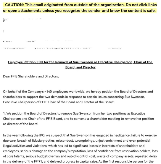 FF执行董事长Sue Swenson被曝遭全球百名员工请愿罢免_腾讯新闻
