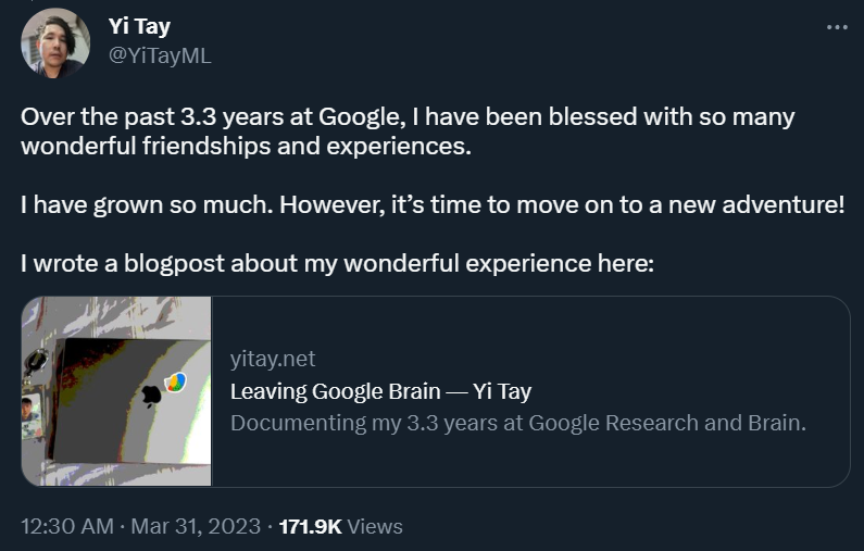 三年16篇一作，谷歌大模型高产研究科学家Yi Tay离职创业_腾讯新闻