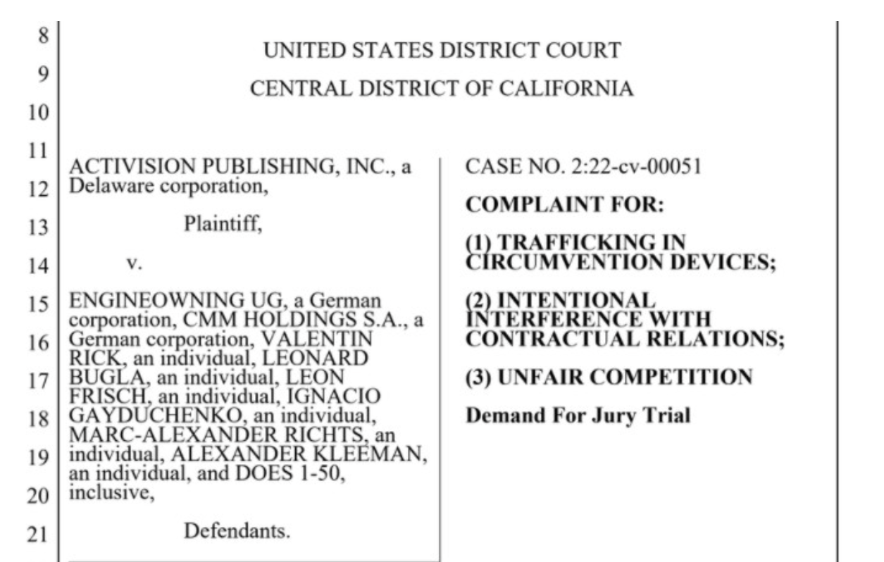 动视提告海外最大外挂供应商“EngineOwning”