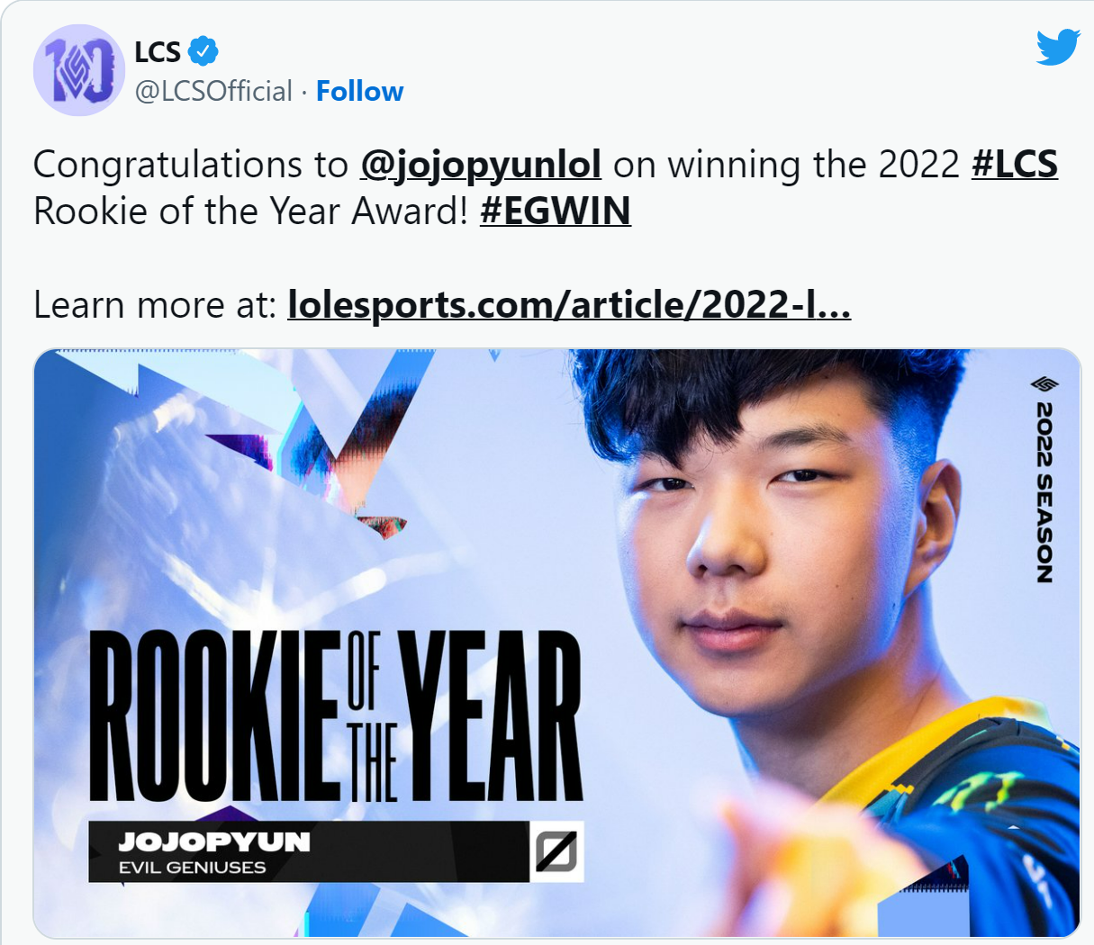 双喜临门：EG中路选手Jojopyun获LCS年度最佳新秀奖和一阵明星奖