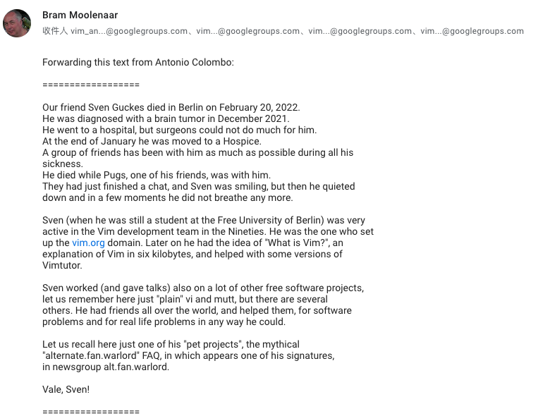 痛心！宇宙最强编辑器 Vim 之父 Bram Moolenaar 去世_腾讯新闻