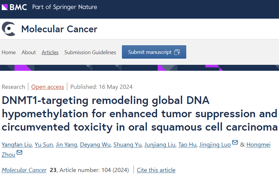 Mol Cancer | 四川大学周红梅/罗晶晶揭示DNMT1增强口腔鳞状细胞癌的肿瘤抑制和规避毒性的机理_腾讯新闻