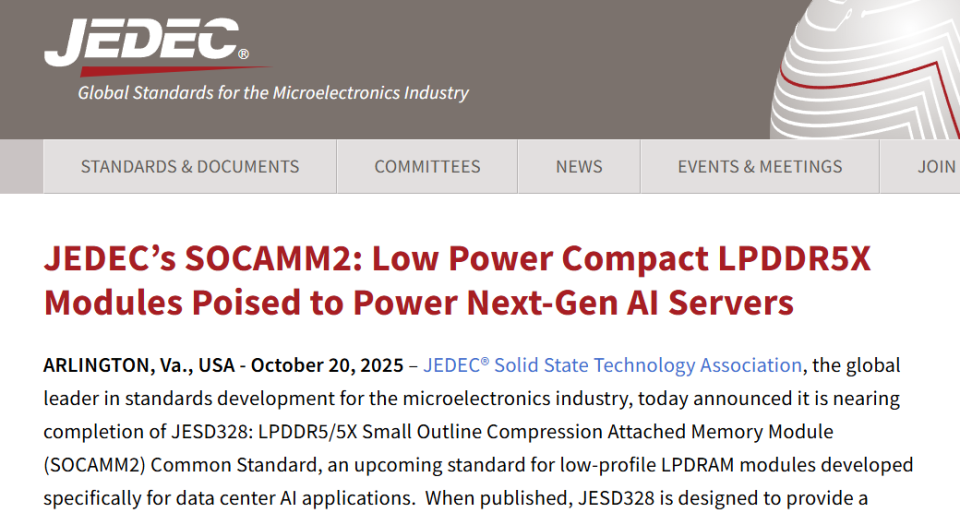 SOCAMM2即将发布：低功耗紧凑型LPDDR5X，适用于AI服务器_腾讯新闻