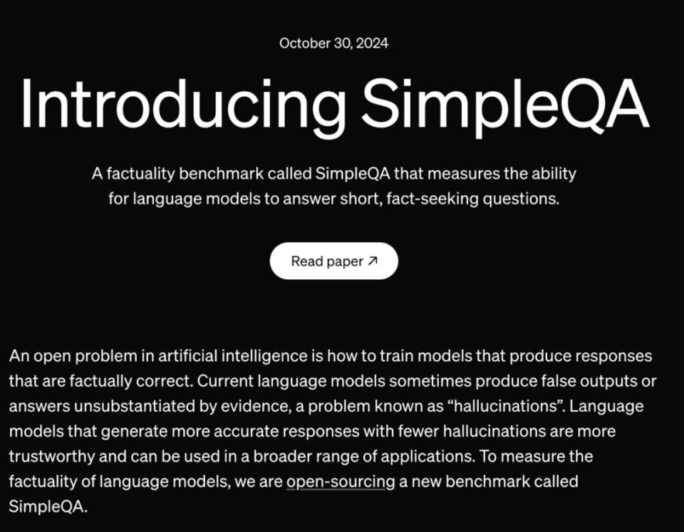 OpenAI推出SimpleQA：专治大模型“胡说八道”,实测o1和Claude3.5都不及格_腾讯新闻