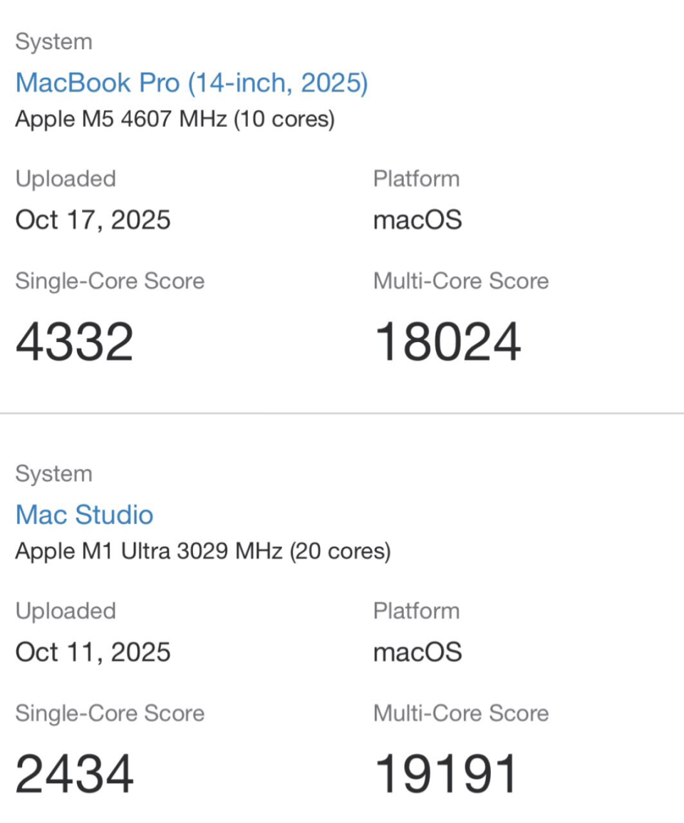 苹果 M5 MacBook Pro 现身 Geekbench，多核跑分接近 M1 Ultra_腾讯新闻