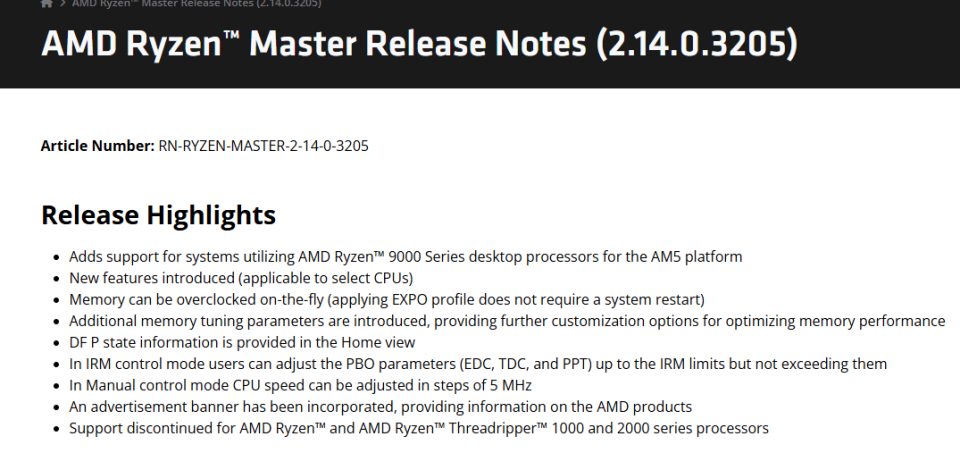 AMD发布新版Ryzen Master，支持Ryzen 9000系列和内存即时超频_腾讯新闻