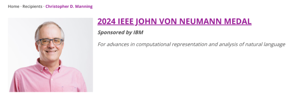 斯坦福Christopher Manning获2024 IEEE冯诺依曼奖，曾培养陈丹琦等多位华人学生_腾讯新闻