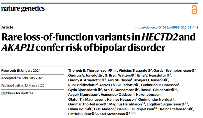 《自然·遗传学》：双相遗传学新突破！近50万人研究显示，HECTD2和AKAP11的罕见功能缺失突变与双相风险增加超800%有关_腾讯新闻