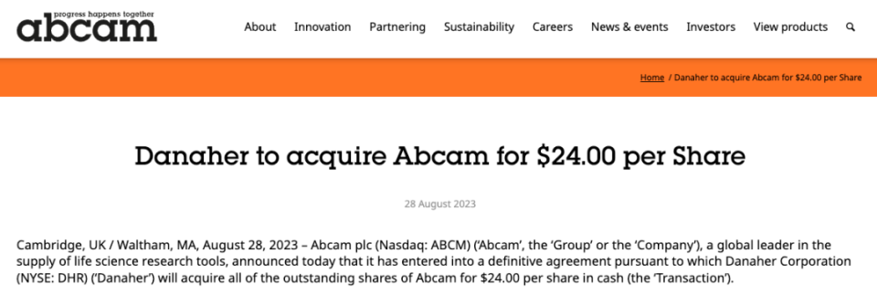 57亿美元！丹纳赫全资收购Abcam_腾讯新闻