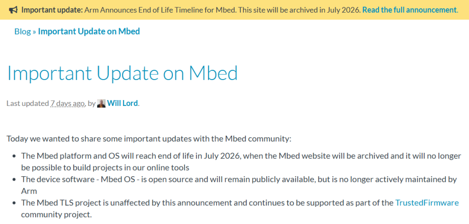 Arm 旗下热门开源系统 Mbed OS 将于 2026 年 7 月结束官方维护_腾讯新闻