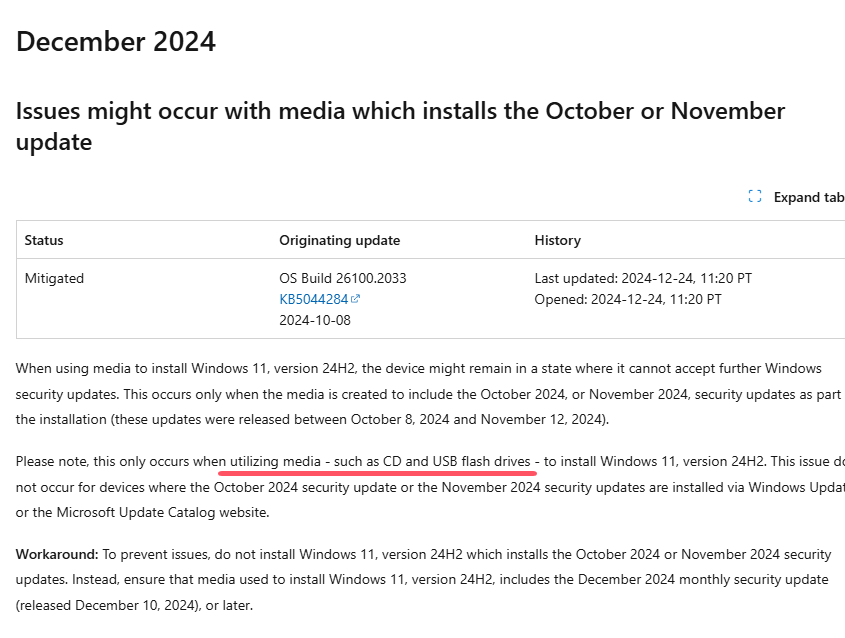 微软公告：如使用光盘或优盘安装特定版本Win11 24H2，会遇到Bug_腾讯新闻