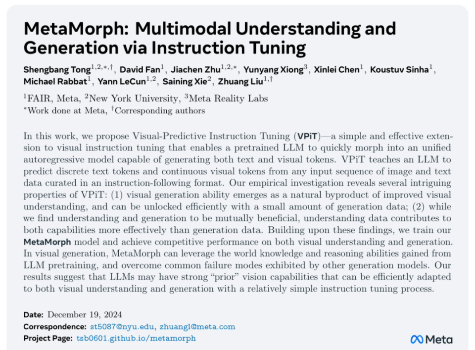 统一视觉理解与生成，MetaMorph模型问世，LeCun、谢赛宁、刘壮等参与_腾讯新闻