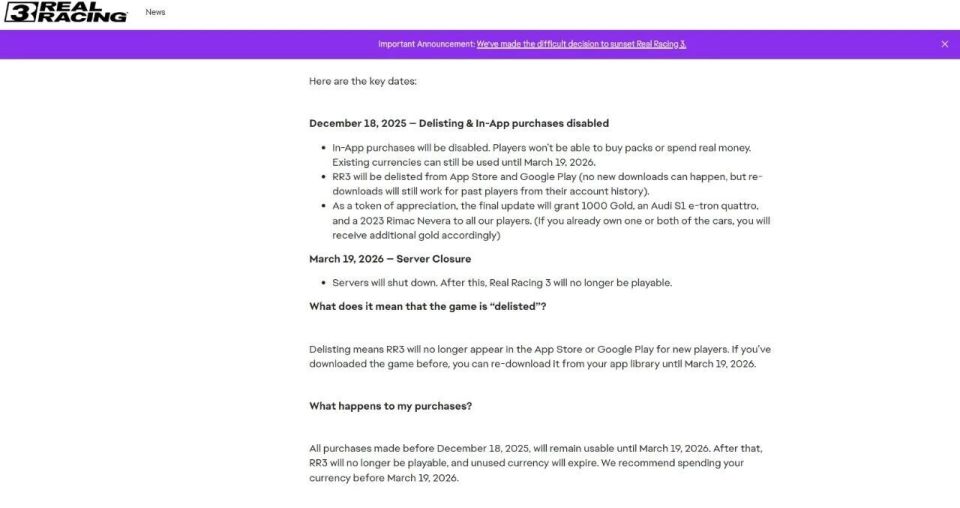 悲报：真实赛车 3 将于明年初关服，游戏已在应用商店下架_腾讯新闻