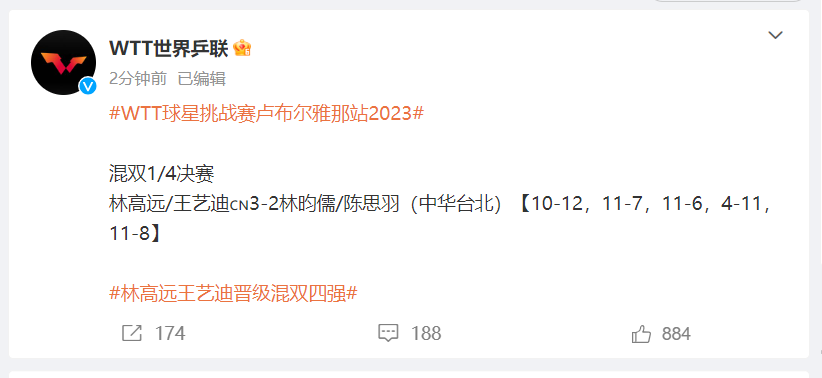 2023WTT球星挑战赛卢布尔雅那站：林高远/王艺迪3-2林昀儒/陈思羽，晋级混双4强_腾讯新闻