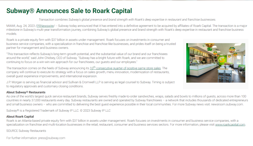 快讯 | 赛百味已达成由Roark Capital附属公司收购最终协议_腾讯新闻