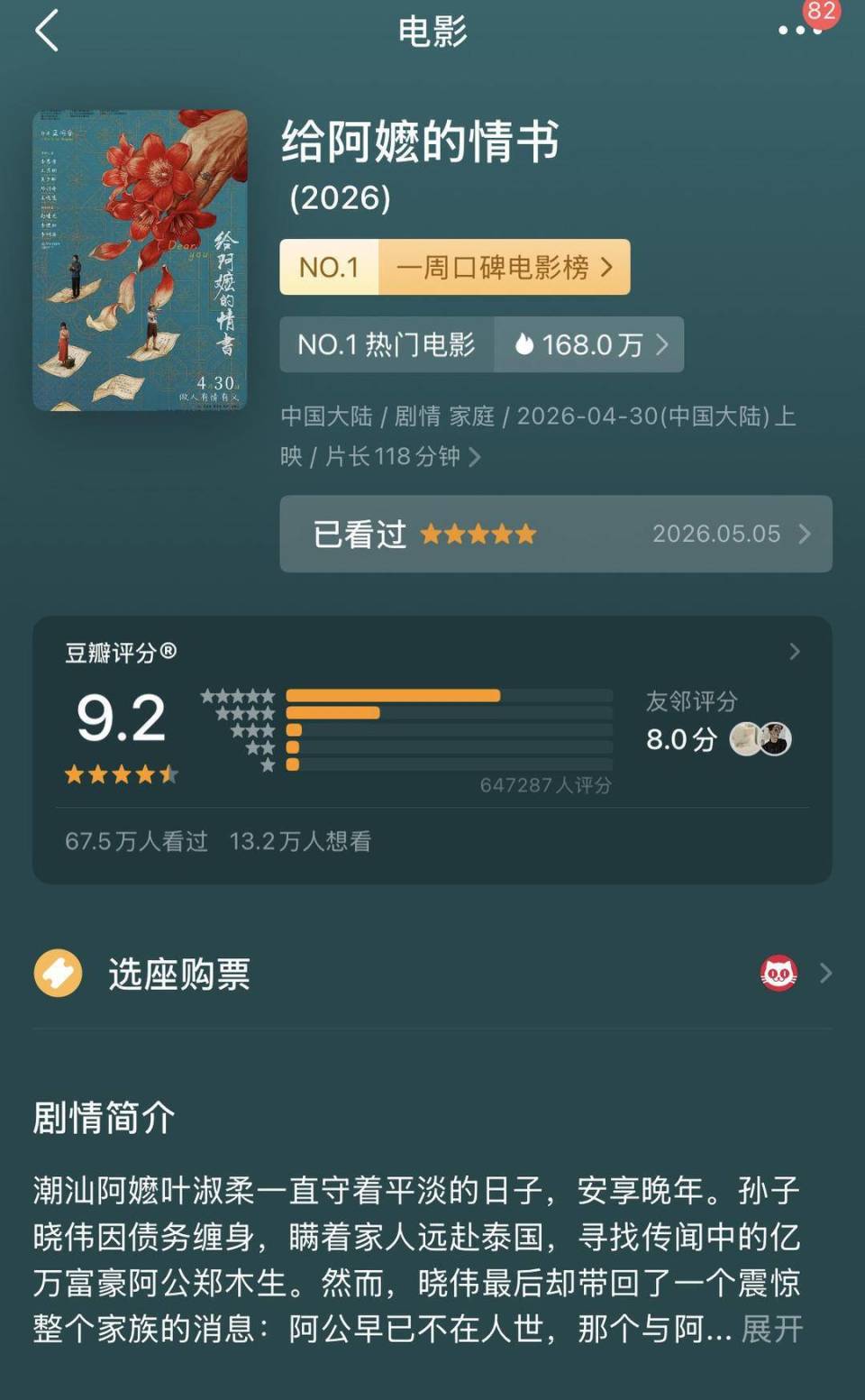《给阿嬷的情书》豆瓣分涨至9.2，王彦桐发文说自己努力了三次终成木生_腾讯新闻